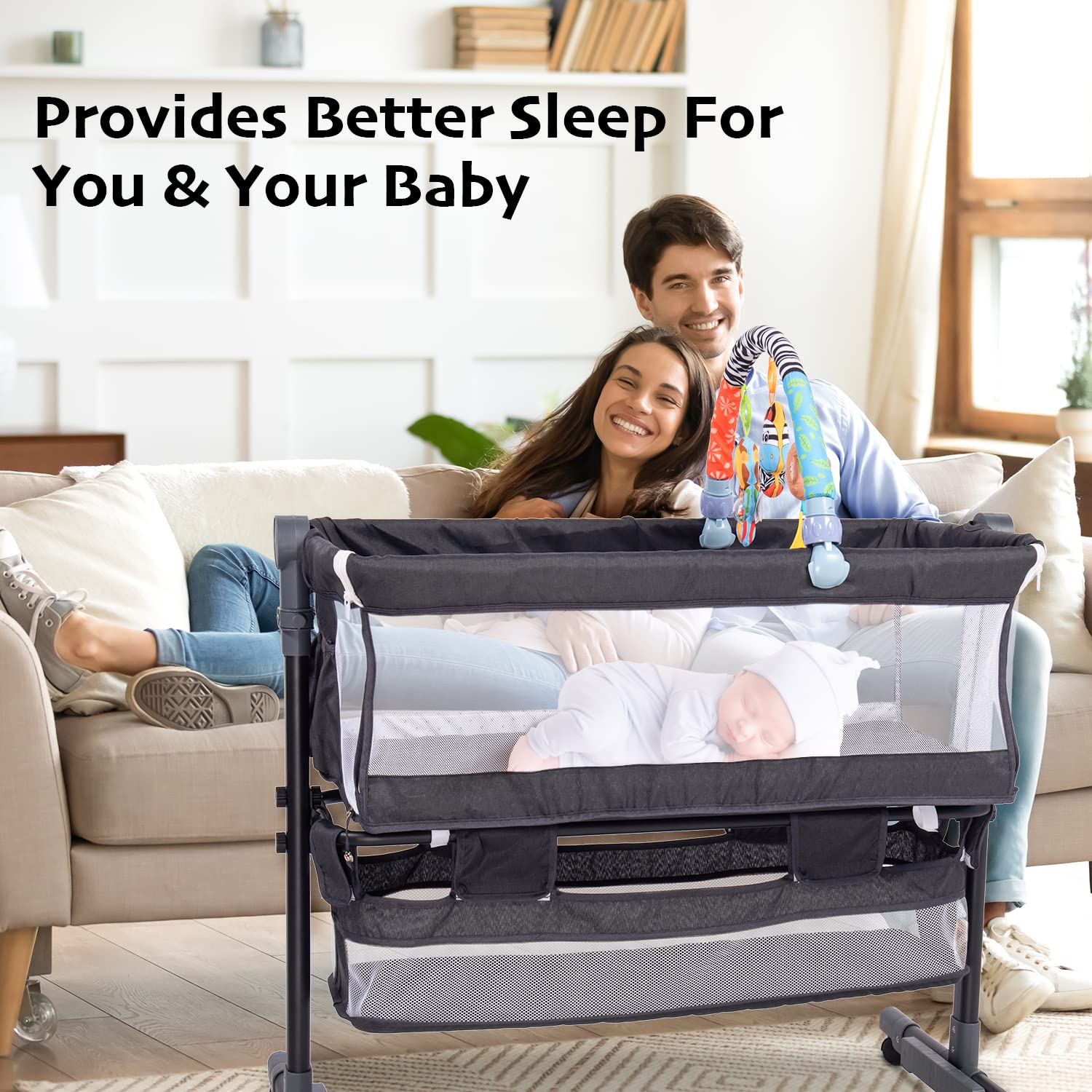 Ascism Baby Bassinet Bedside Crib (Grey), 3 in 1 Baby Bassinet Bedside Sleeper with Mattress, Diaper Changing Table, Extra Storage, Portable Bassinet Crib for Infant, Mesh Sided Bedside Co Sleeper