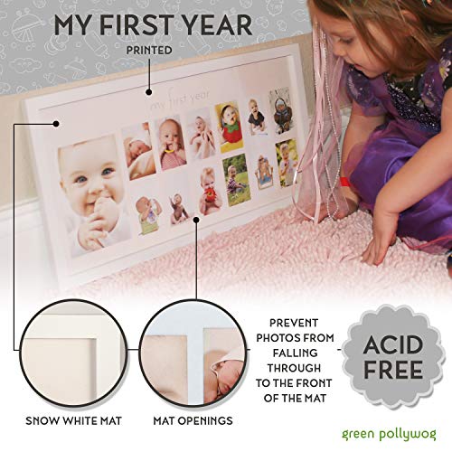 Green Pollywog | Baby's First Year Frame | Collage Frame For Baby In White | 12 Month Picture Frame | Milestone Photo Frame | First Year Picture Mat | Baby Picture Frame | My First Year Picture Frame