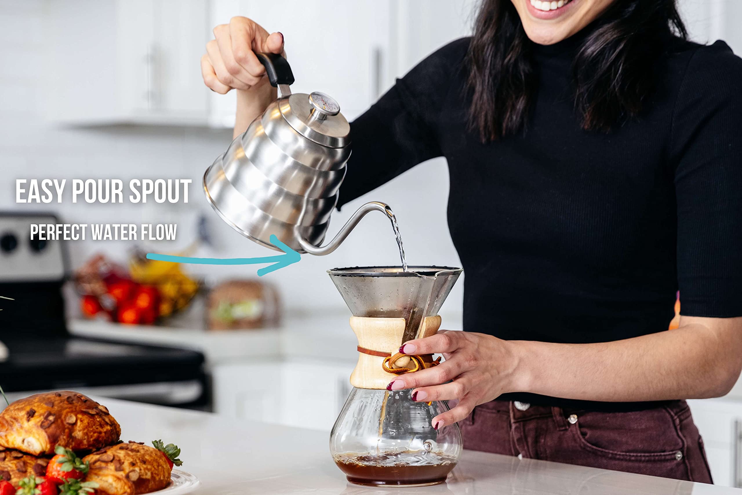 Barista Warrior Pour Over Coffee Kettle with Thermometer for Exact Temperature - Gooseneck Pour Over Kettle for Pour Over Coffee and Tea, Stainless Steel Kettle for all Stovetops (1.0 Liter, 34 fl oz)