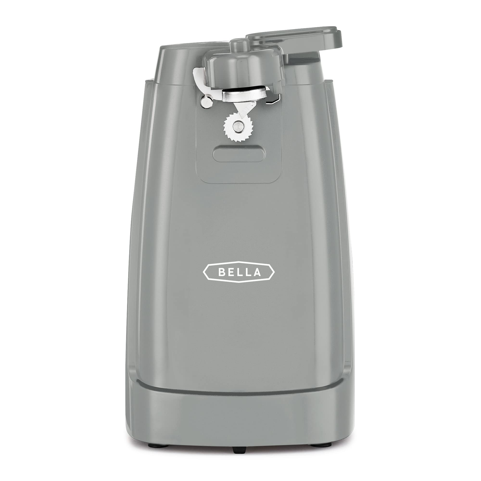BELLA Electric Can Opener and Knife Sharpener, Multifunctional Jar and Bottle Opener with Removable Cutting Lever and Cord Storage, Stainless Steel Blade, Gray