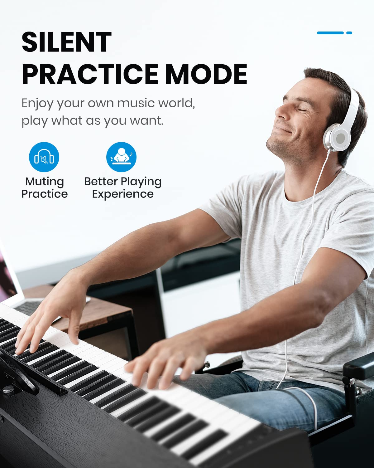 Moukey MDP-350 88-Key Semi Weighted Piano Action Digital Beginner Keyboard with Furniture Stand & Piano Stool, Triple Pedals, Power Supply, Black
