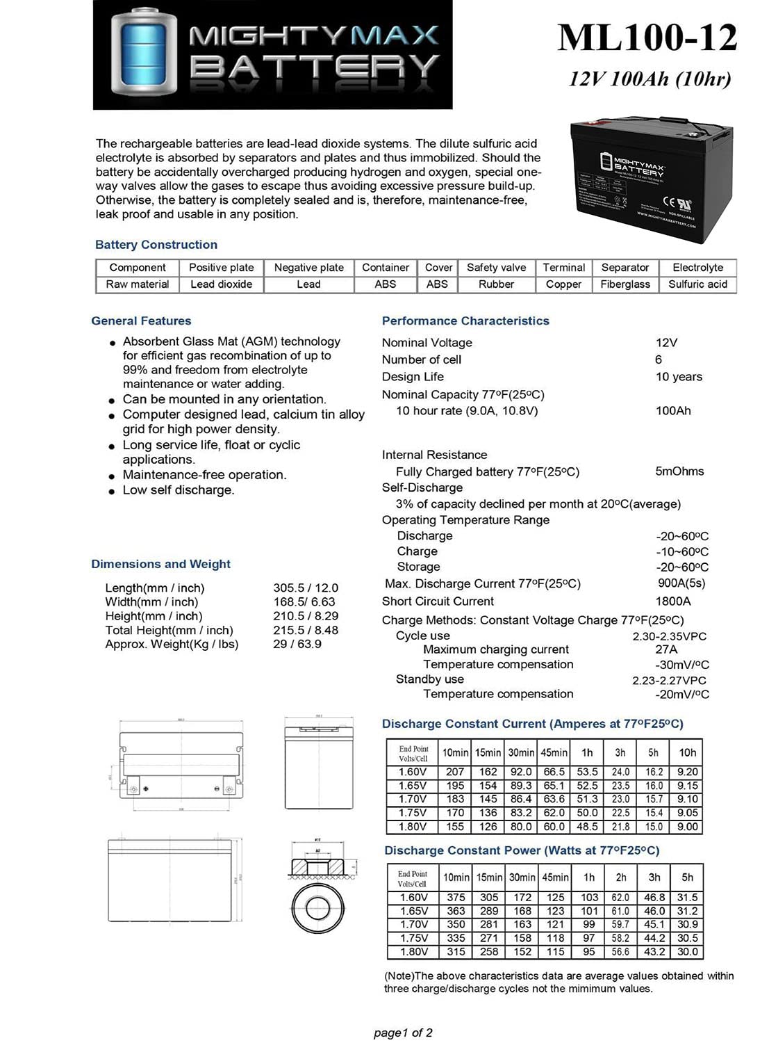 Mighty Max Battery 12V 100Ah SLA AGM Battery for Off Grid Solar Panels