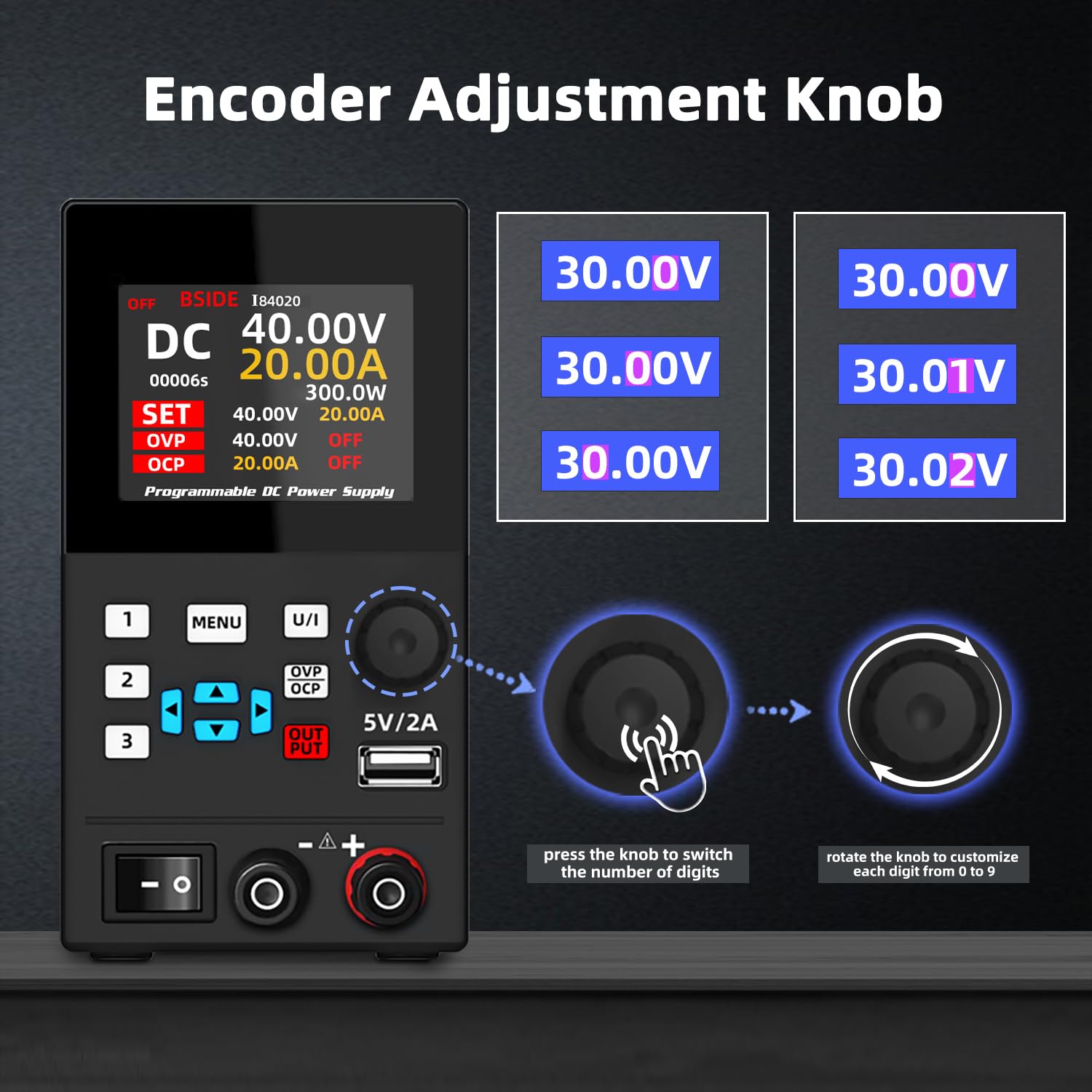 BSIDE Programmable DC Power Supply 40V 20A Lab Power Supply Small Variable Bench Power Supply Adjustable Switching Regulated DC Output Power Supply with Encoder Arrow Key Adjustment and USB