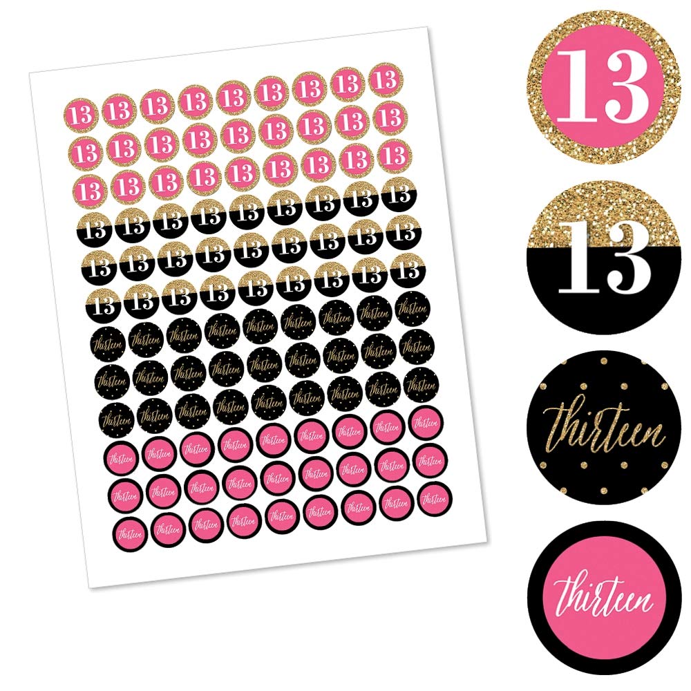 Big Dot of Happiness Chic 13th Birthday - Pink, Black and Gold Round Candy Sticker Favors Labels Fit Chocolate (1 Sheet 108)