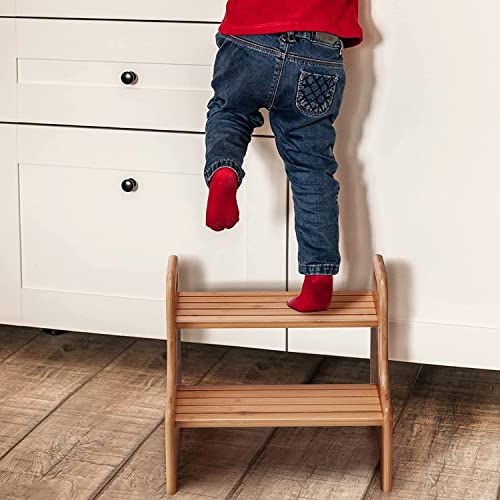 OasisCraft Step Stool for Adults, Bamboo Two Step Stool with Handle Stepping Stool Potty Training Stool Wooden Toddler Shower Stool for Kids, Senior, Kitchen, Bathroom, Bedside, Support 350LB