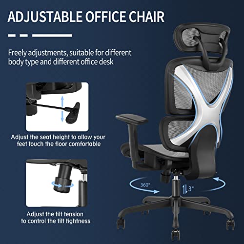 GABRYLLY Office Chair, Large Ergonomic Desk Chairs, High Back Computer Chair with Lumbar Support, 3D Armrest, Breathable Mesh, Adjustable Headrest, with Tilt Function, (Grey)29.5D x 40.9W x 51.2H Inch