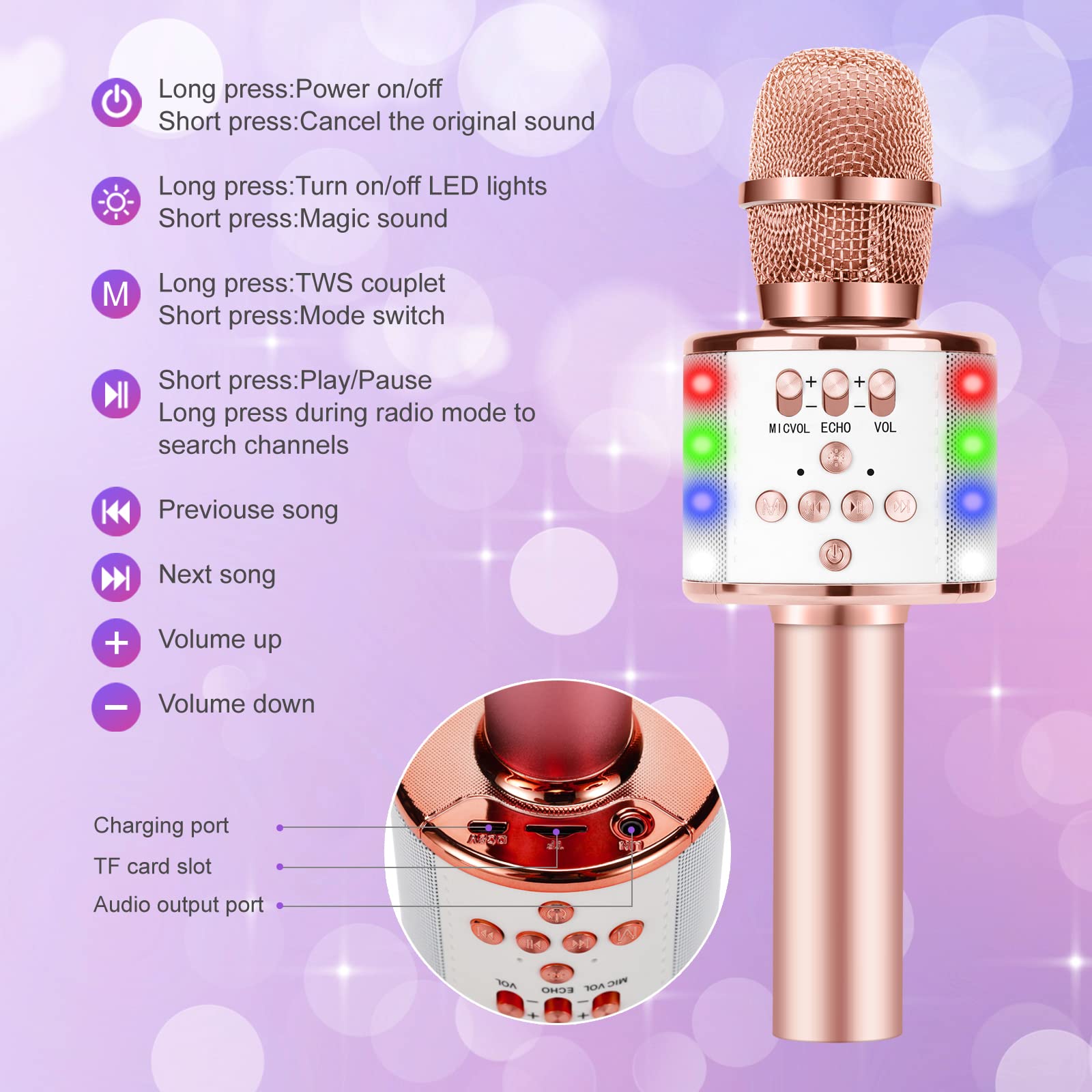Anitiate Singing Karaoke Microphone for Kids Adults, Handheld Wireless Bluetooth Kids Microphone with LED Lights Portable Karaoke Mic Speaker Player Recorder Machine for Birthday Home Party
