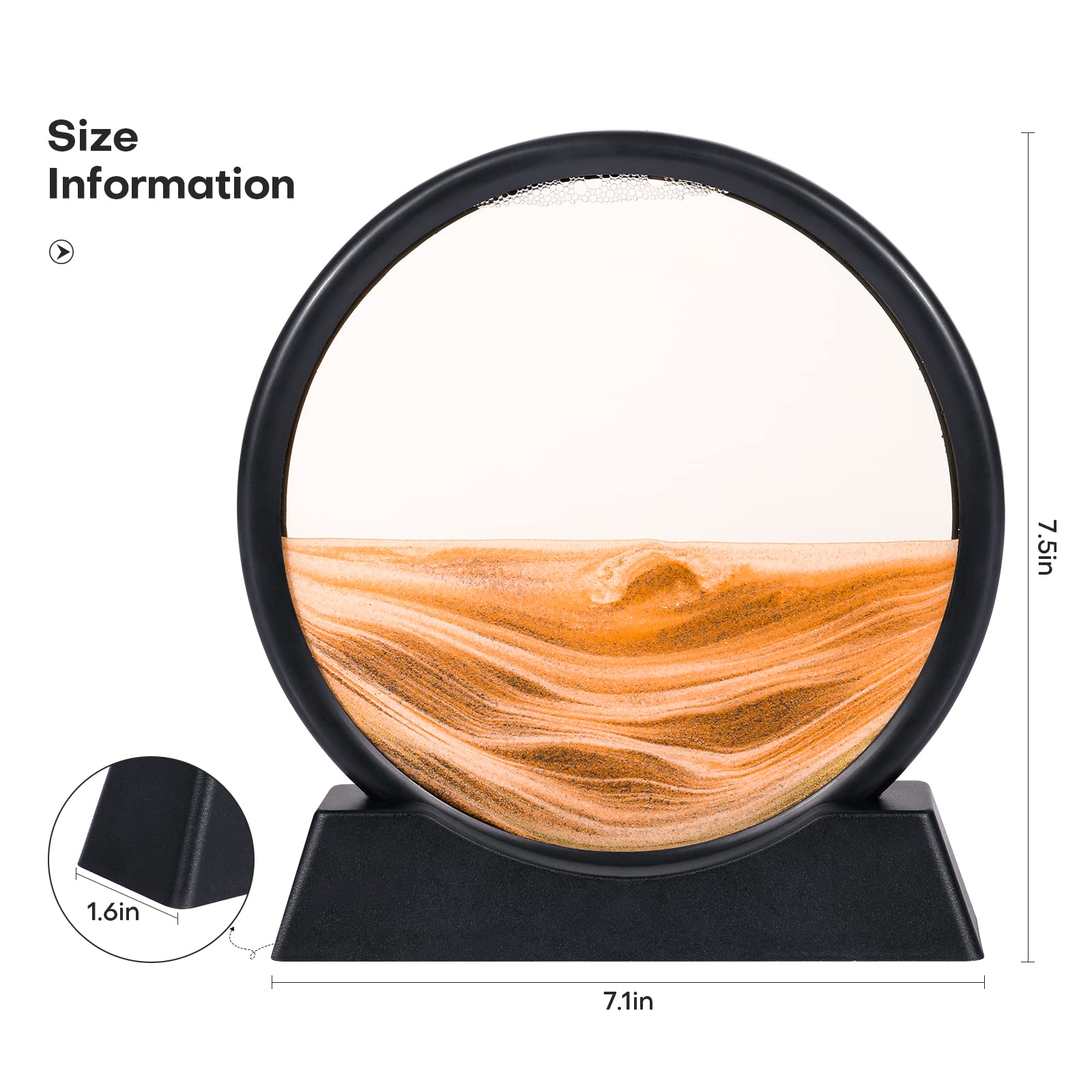 Moving Sand Art Picture 3D Deep Sea Sandscape Liquid Motion Display Flowing Sand Frame Round Glass 3D Quicksand Painting Decor Relaxing Art Desktop Toys Home Office Decoration (7in, Orange)