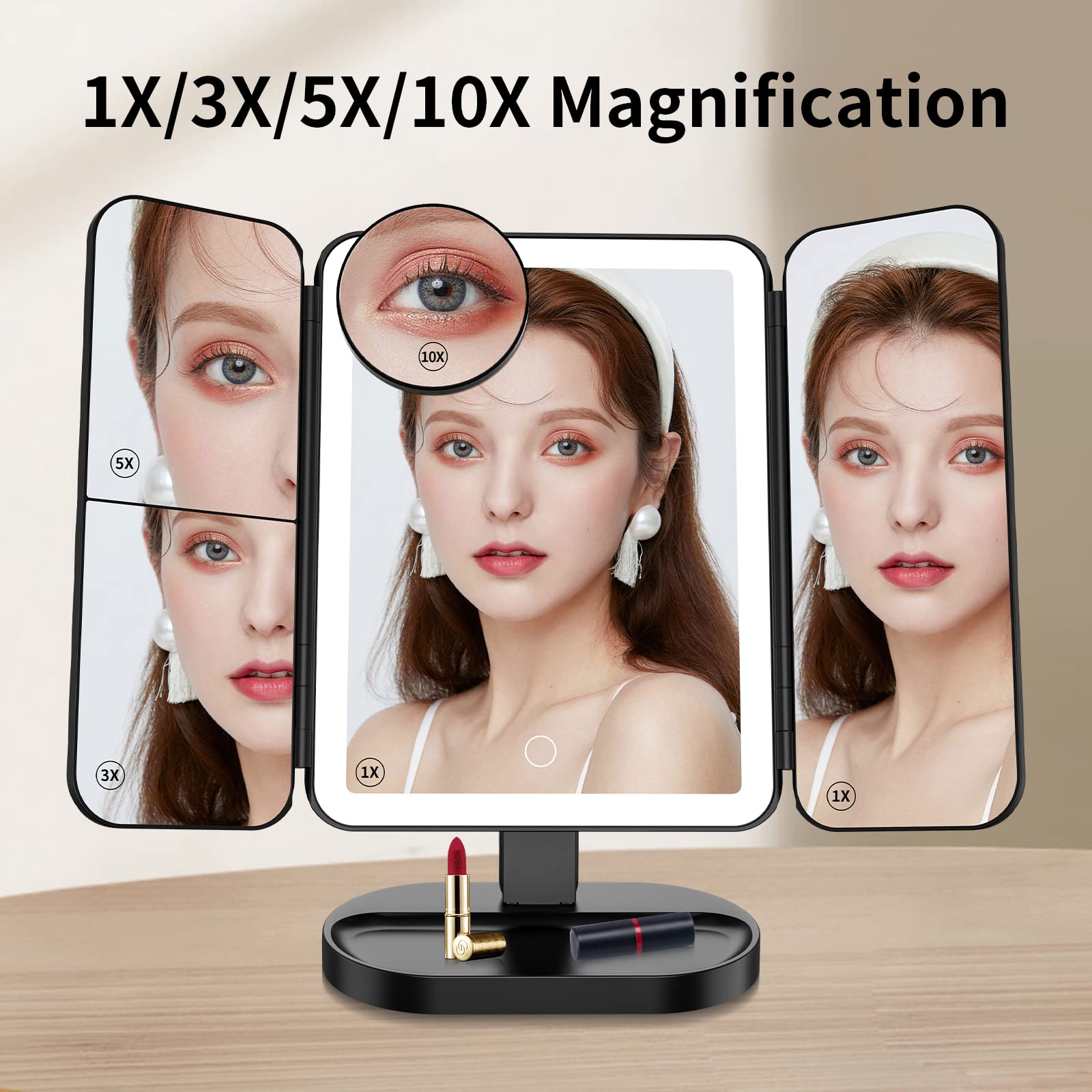 Benbilry Trifold Lighted Vanity Makeup Mirror with 74 LED Lights, 3 Color Lights & Stepless Dimming, 1X/3X/5X/10X Magnification & 2000mAh Rechargeable Magnifying Light Up Mirror, Gift for Women(Black)
