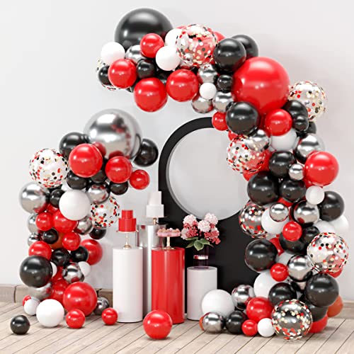 Black and Red Balloon Garland Kit Red Black White Metallic Silver Confetti Balloons Arch for Baby Shower Graduation Circus Pirate Birthday Party Decorations