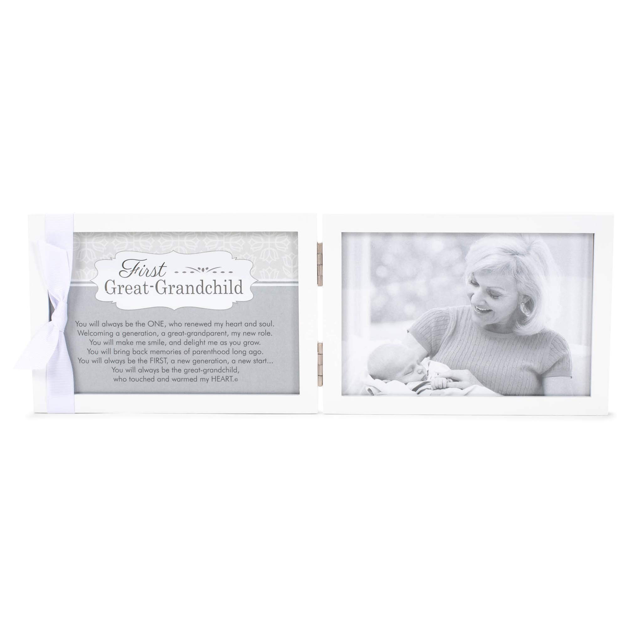 The Grandparent Gift Co. First Great - Grandchild Picture Frame- White Double Hinged Tabletop Photo Frame Holds 4"x6" Pictures or Ultrasounds- Includes Beautiful Sentiment/Poem