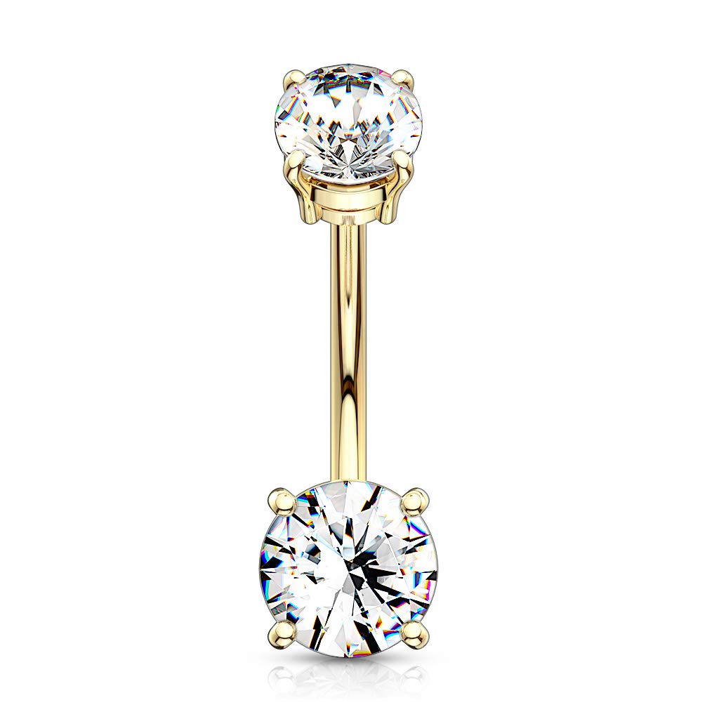 Amelia Fashion 14GA Double CZ Prong Set Belly Button/Navel Ring Internally Threaded 316L Surgical Steel (Gold/Clear)