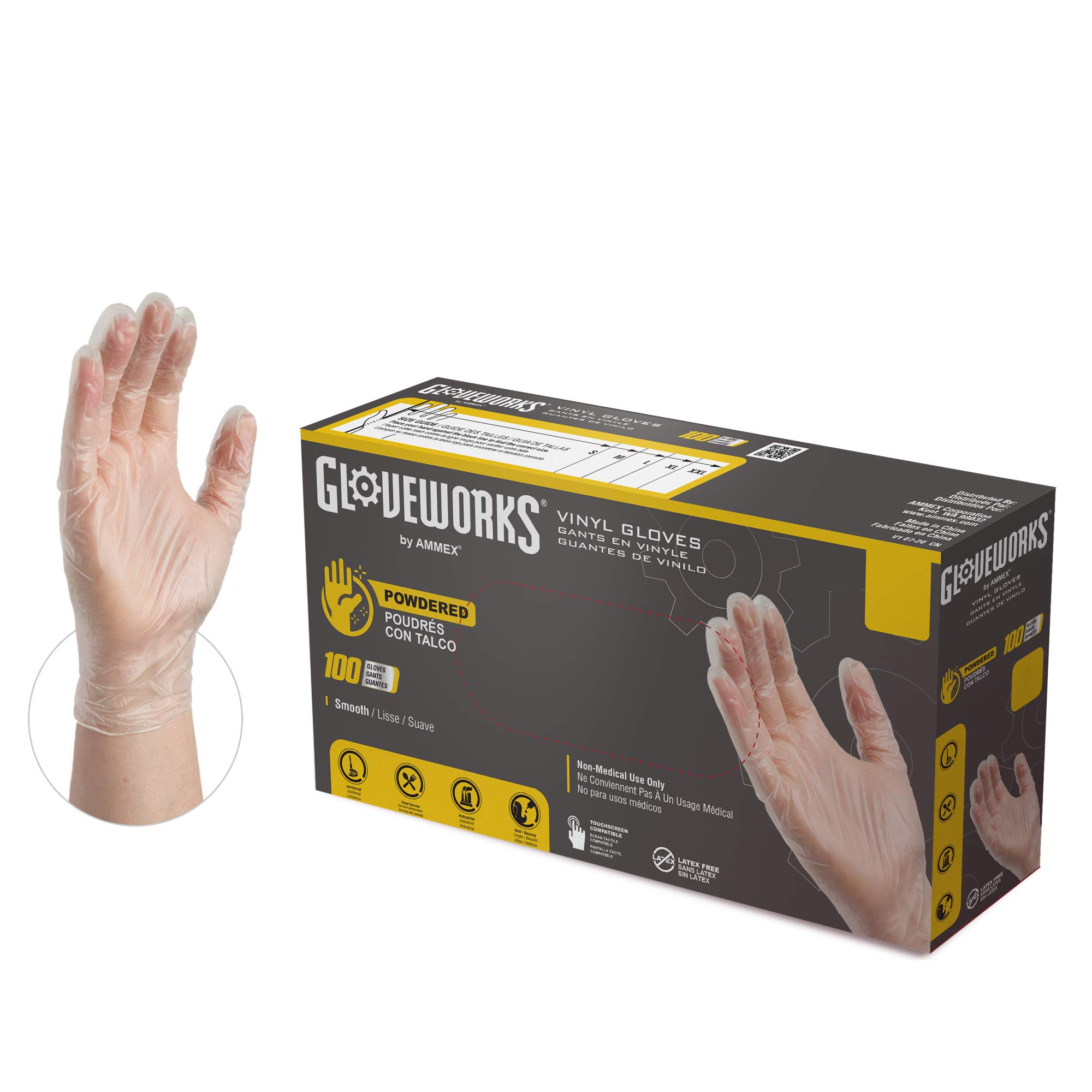 AMMEX GlovePlus Industrial Clear Vinyl Gloves, Box of 100, 3 mil, Size Medium, Latex Free, Powdered, Food Safe, Disposable, Non-Sterile, IV44100-BX