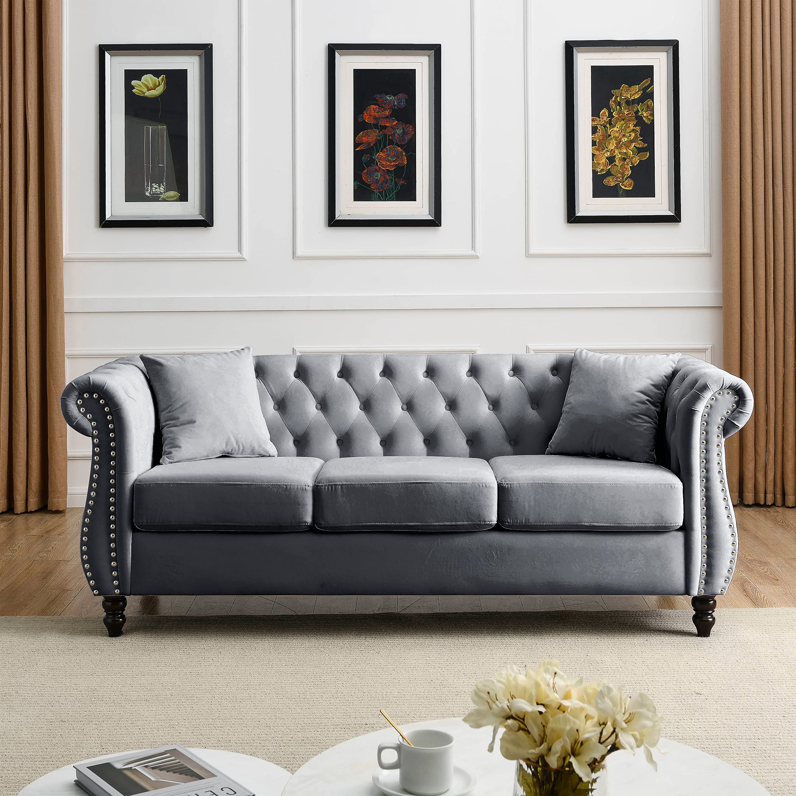 Bellemave 80" Chesterfield Sofa Couch Velvet 3-Seater Sofa with Two Pillows, Nailhead & Rolled Arms Upholstered Sofa with Curved Backrest Solid Wood Legs for Living Room, Bedroom, Office (Grey)