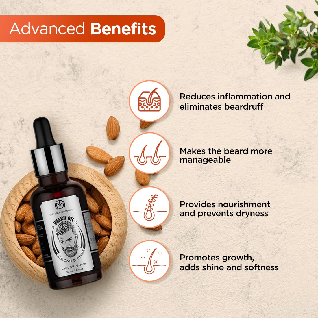 The Man Company Beard Oil for Growing Beard Faster with Almond & Thyme - 30ml | Beard Conditioner Oil, Softens & Strengthens Beards and Mustaches
