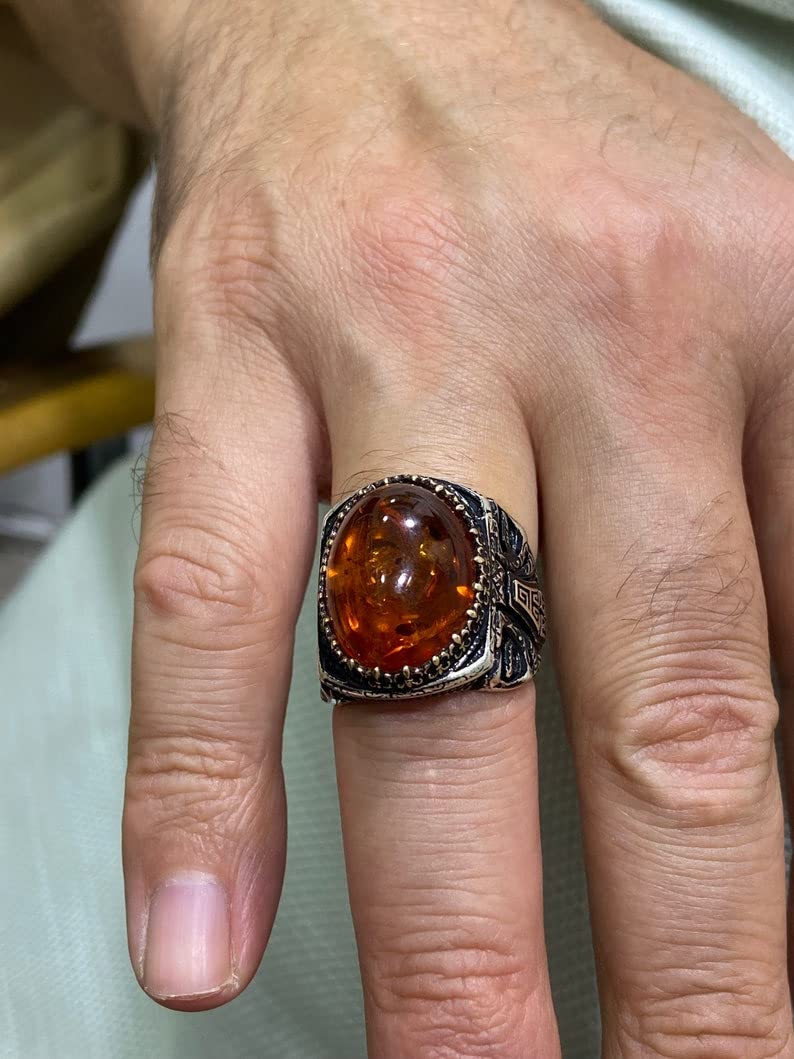 Mens Handmade Ring, Amber Stone Ring, Honey Amber Ottoman Mens Ring, Natural Stone, Men Ring, Gift for Him, 925k Sterling Silver Ring