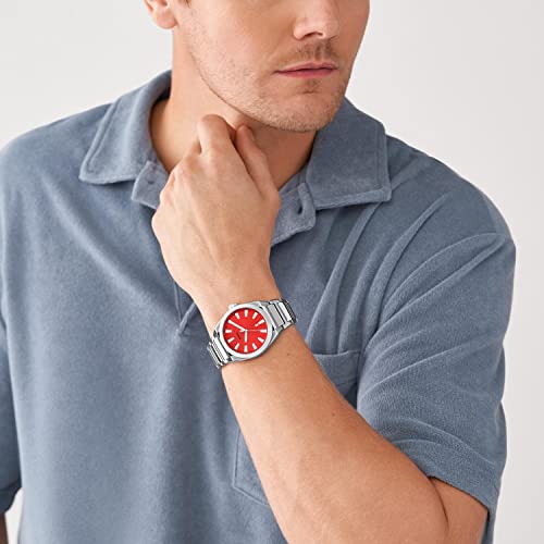 Fossil Men's Everett Quartz Stainless Steel Three-Hand Watch, Color: Silver/Red (Model: FS5984)