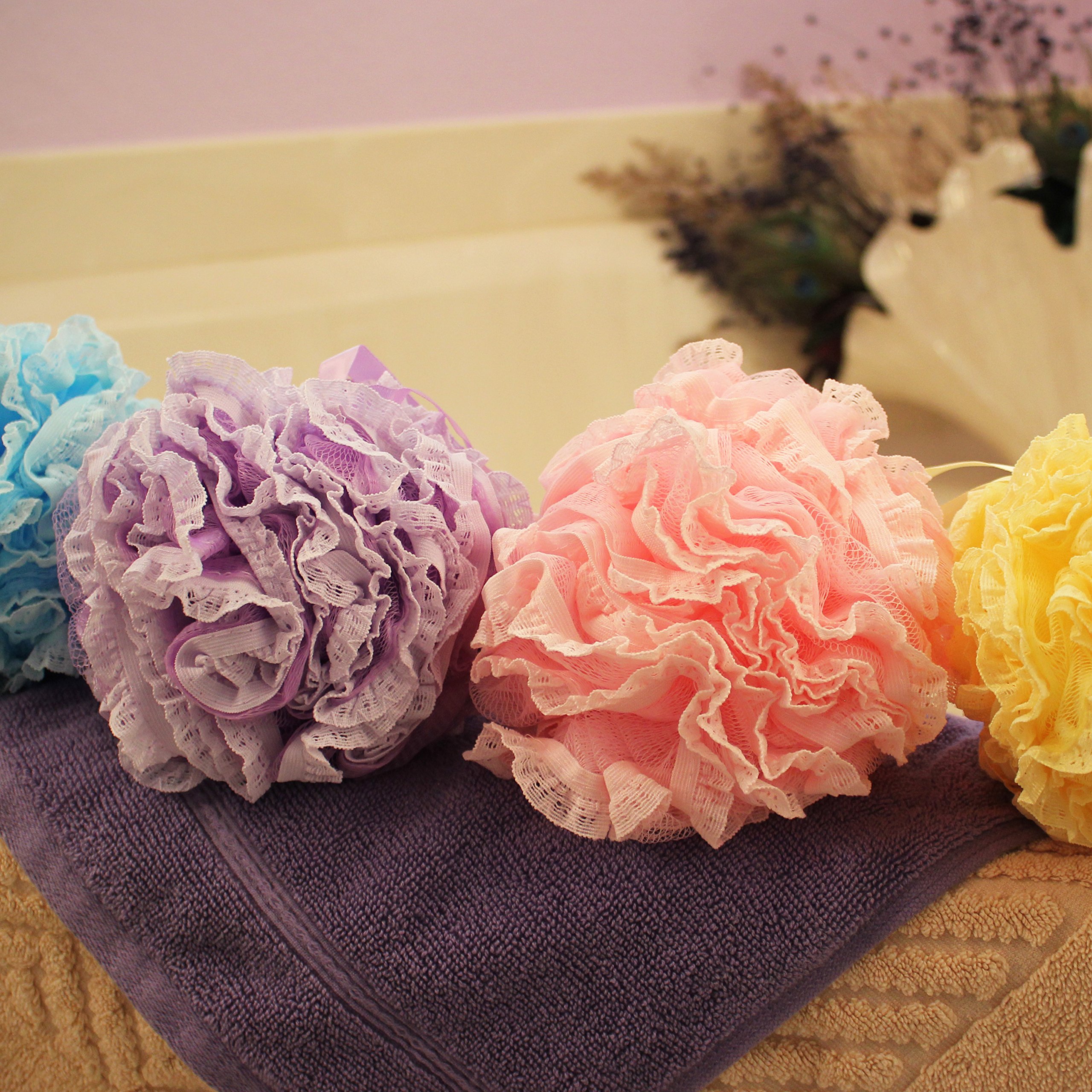 Loofah-Bath-Sponge Lace-Mesh-Set // 2-Scrubs-in-1 by Shower Bouquet/Large Full 60g Pouf (4 Pack Spa Colors) Body Luffa Loofa Loufa Puff - Exfoliate, Cleanse Skin with Luxurious Bathing Accessories