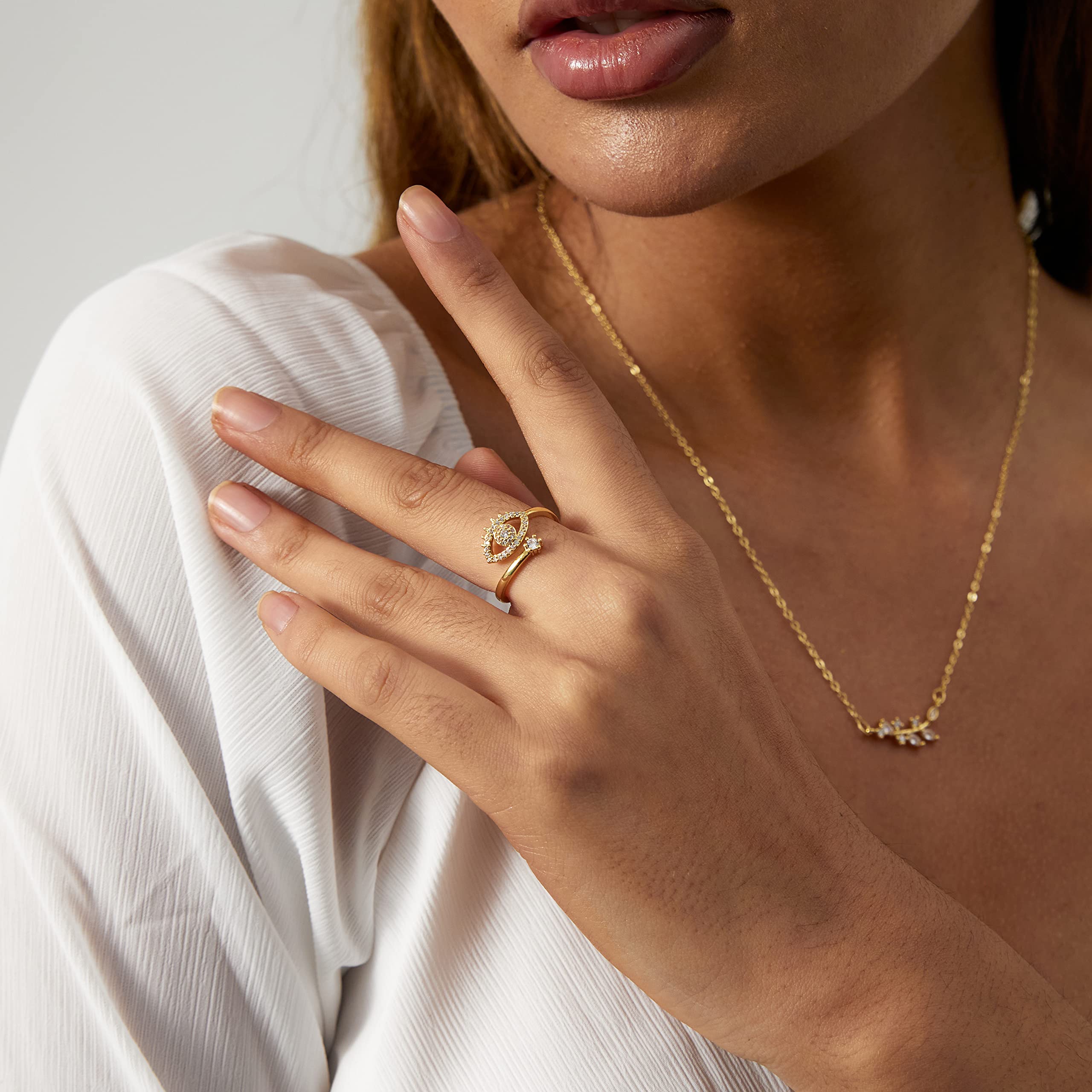 ASCOMY Adjustable Evil Eye Ring for Women 14K Gold Plated Dainty Stacking Cubic Zirconia Opening Finger Rings Crystal CZ Zircon Ring Everyday Jewelry Gifts