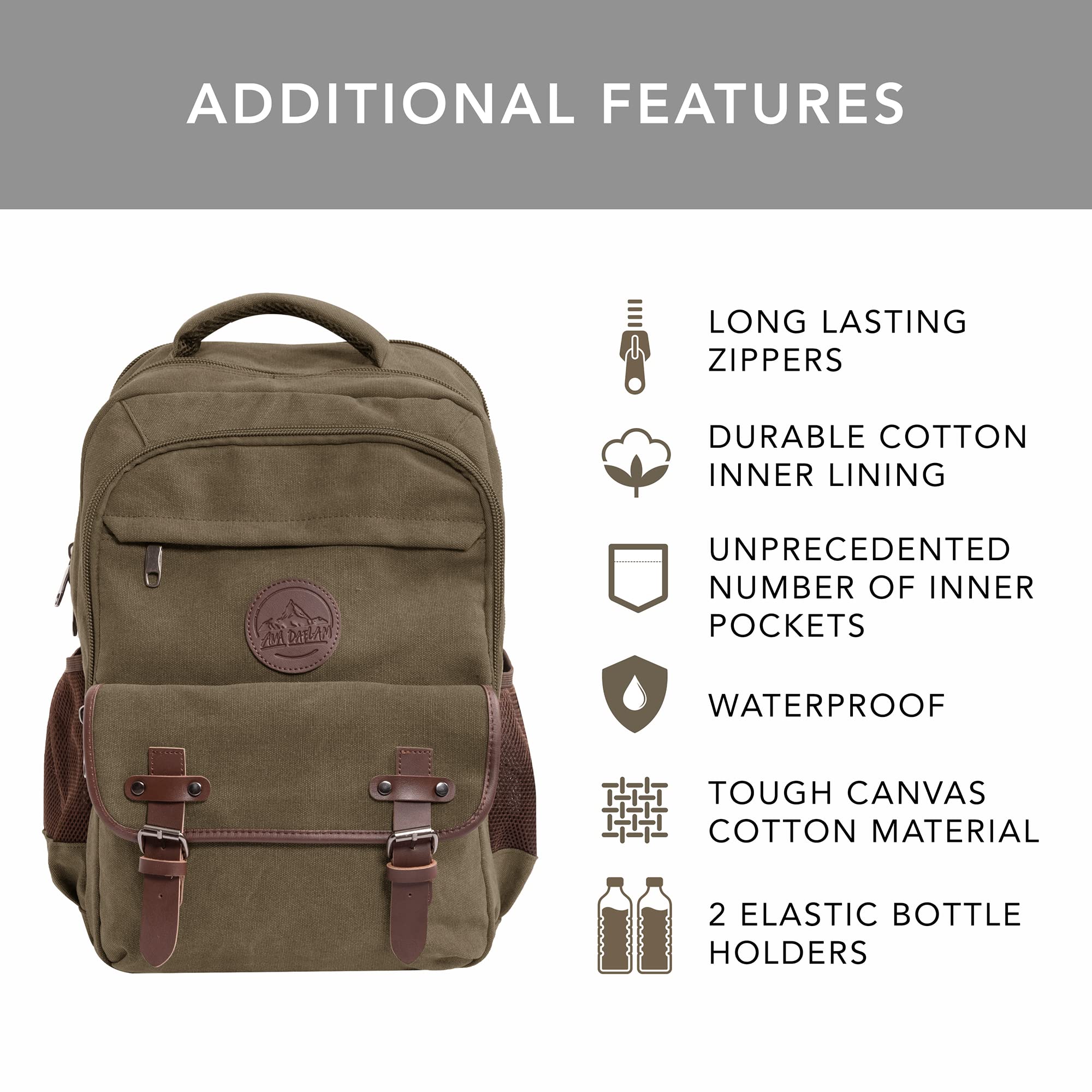Ama Dablam Canvas Backpack | 18” Laptop Pocket | XL Size - 30L | Many Pockets | Durable Zippers (Olive)