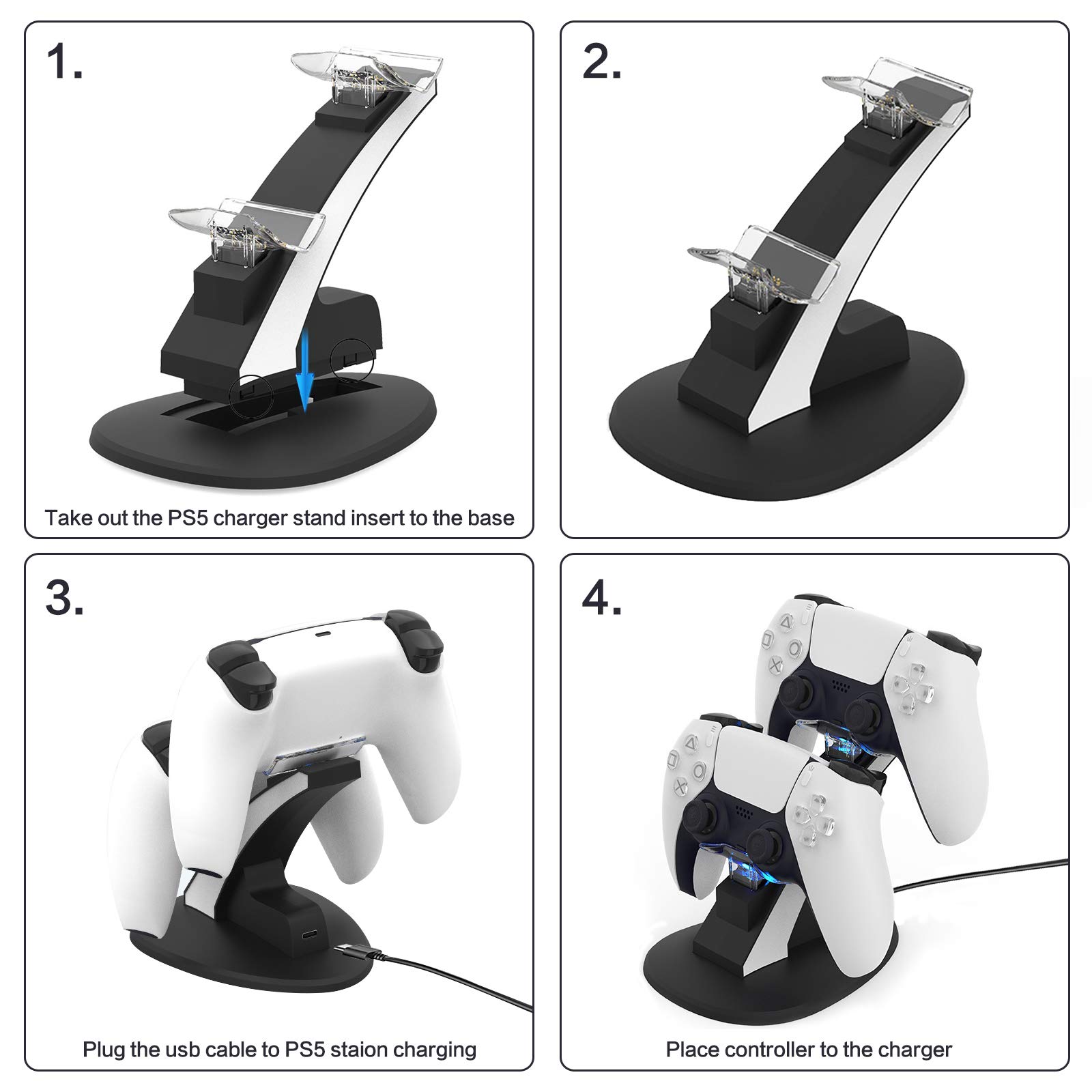 ADHJIE PS5 Controller Charger Station Dock with Click-in Charging,Led Indicator,Safety Chip Protection,Compatible with Sony Playstation 5 Controller(Black)