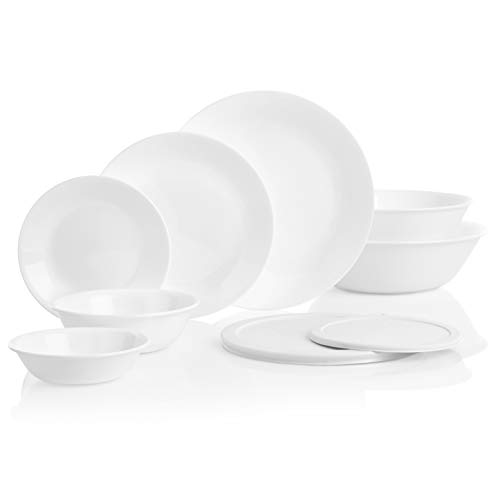 Corelle Vitrelle 78-Piece Service for 12 Dinnerware Set, Triple Layer Glass and Chip Resistant, Lightweight Round Plates and Bowls Set, Winter Frost White