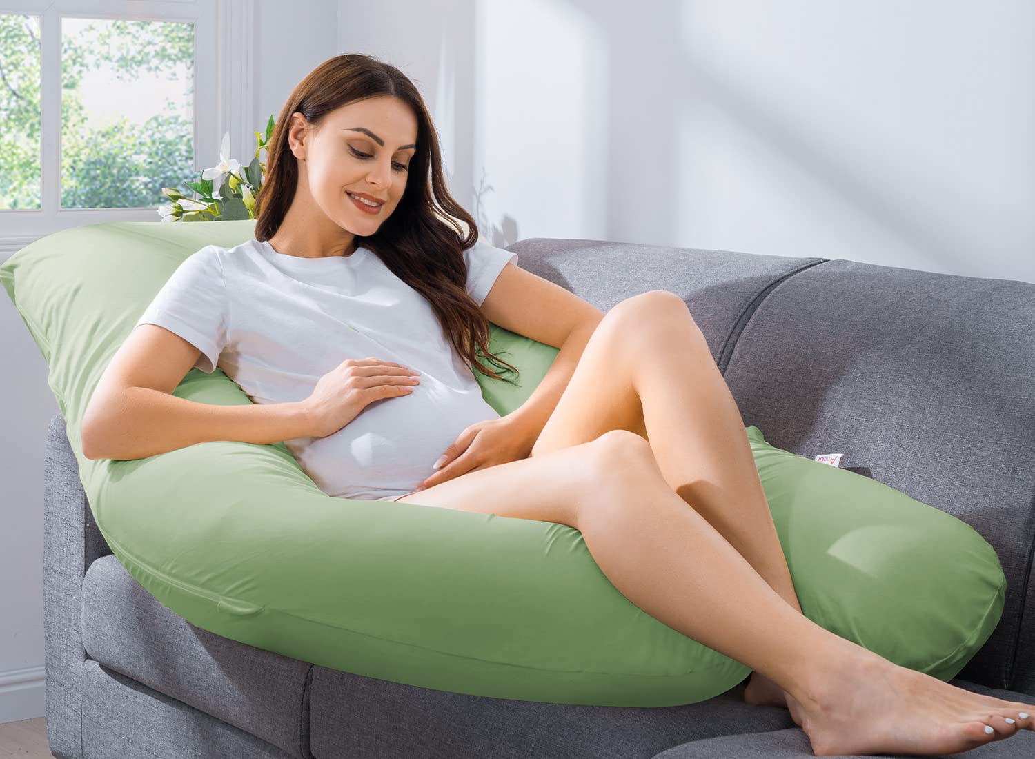 AngQi Pregnancy Pillow, U Shaped Pregnancy Body Pillow, Pregnancy Pillows for Sleeping with Cooling Cotton Zipper Removable Cover (Pale Green)