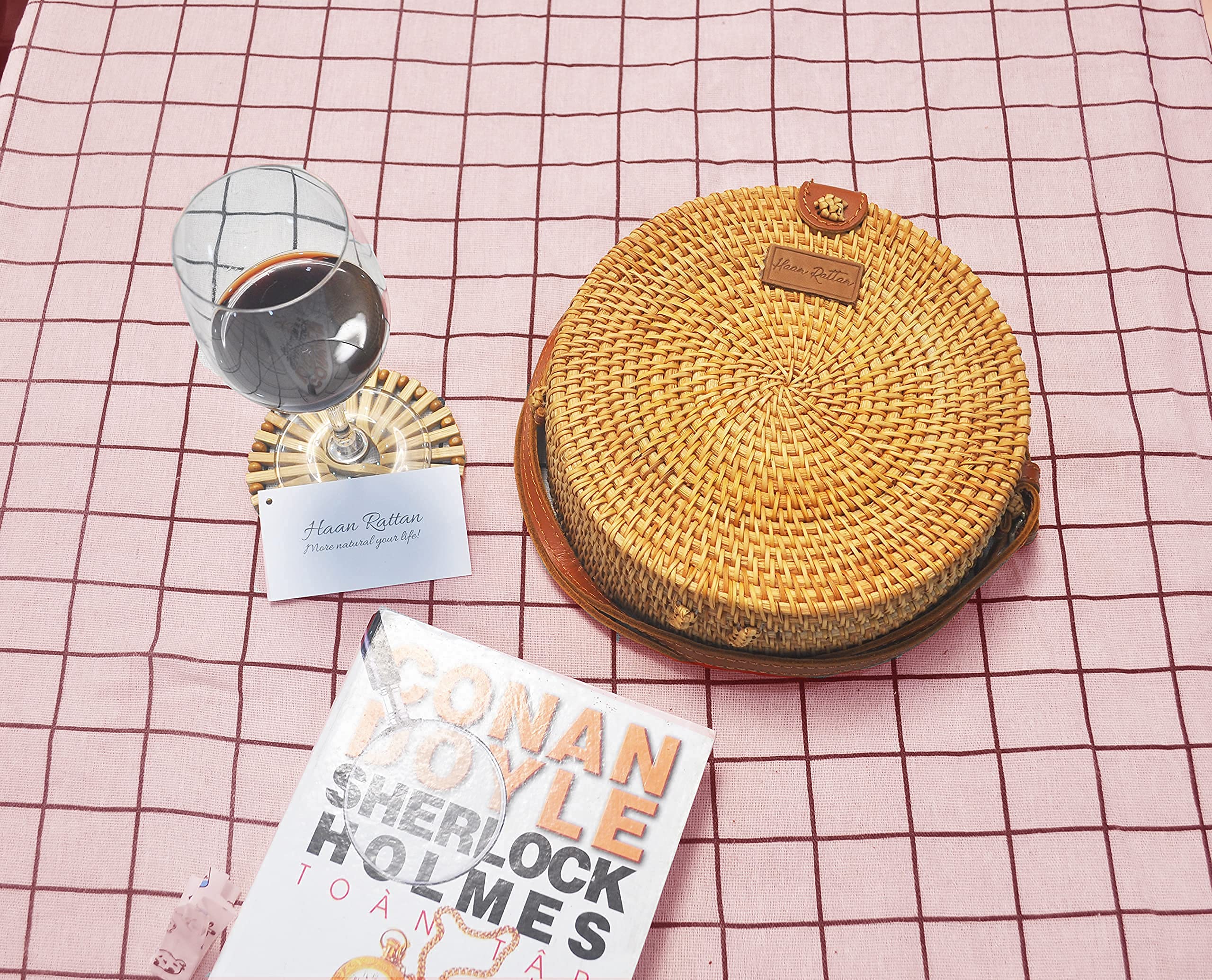 HAAN Handwoven Round Rattan Bag Made In Vietnam - Natural Stylish & Chic – Shoulder Real Leather Adjustable Strap