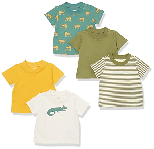 Amazon Essentials Baby Boys' Short-Sleeve Tee, Pack of 5, Beige Crocodile/Green Tiger/Olive/Yellow/Stripe, 0-3 Months