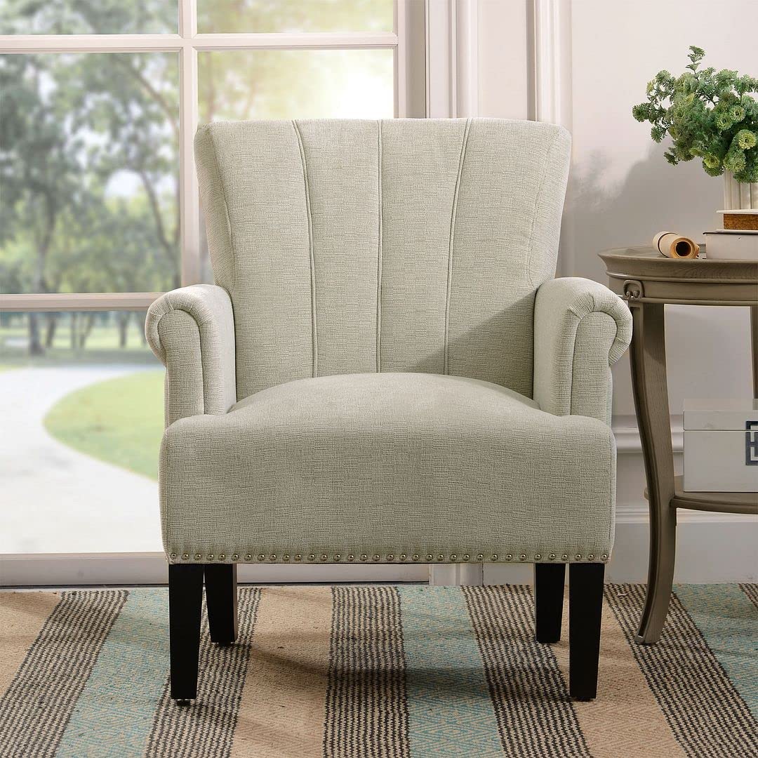 Accent Chair with Rivet Tufted Scroll Arm, Tufted Polyester Upholstery, Wood Legs, Cream for Bedroom and Living Room