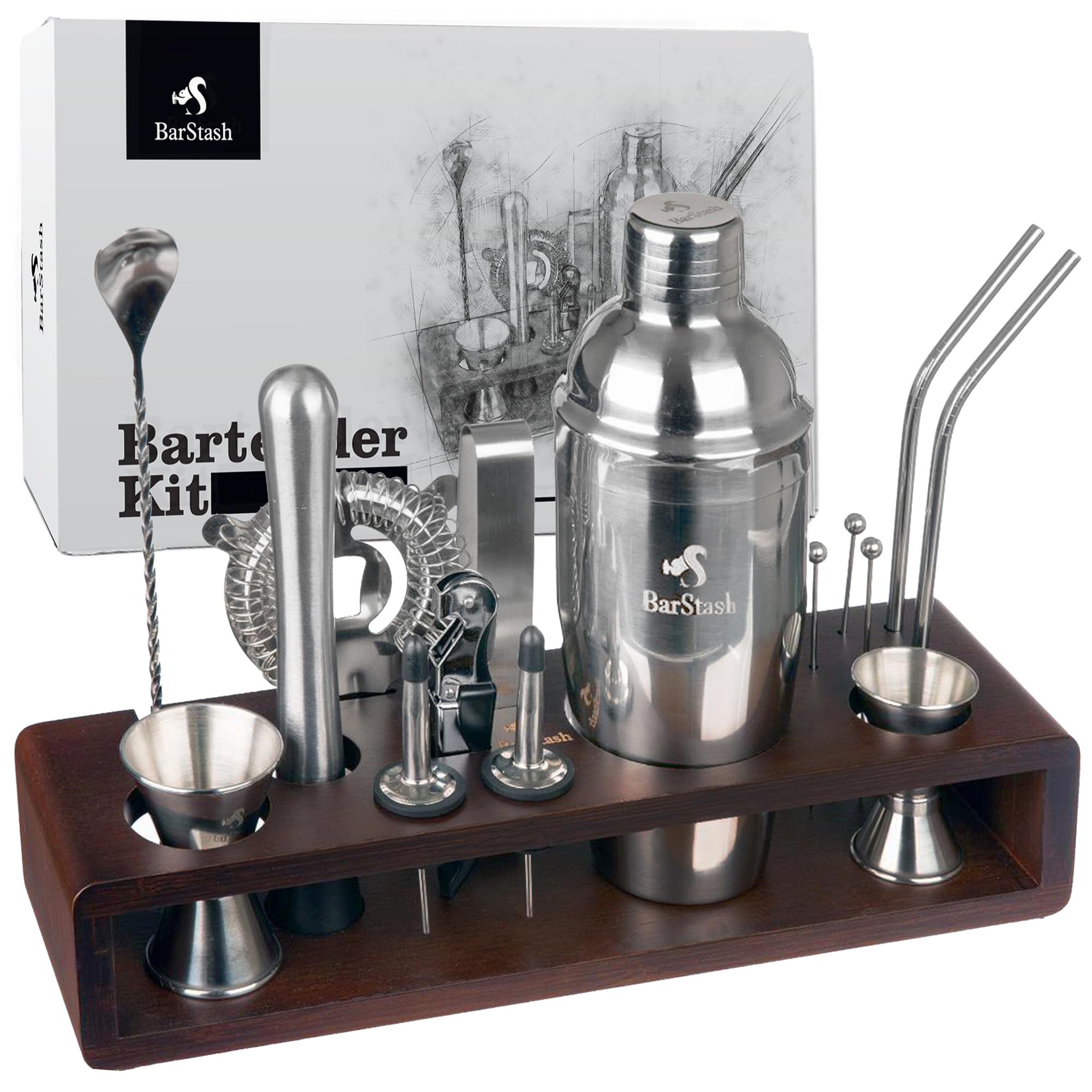 BarStash Bartender Kit - Premium Bar Tools Set with Unique Wooden Stand - House Warming Gifts New Home - Bar Accessories Home Bar Set, Cocktail Set, Bar Kit - Cocktail Recipe E-Book -Stainless Steel