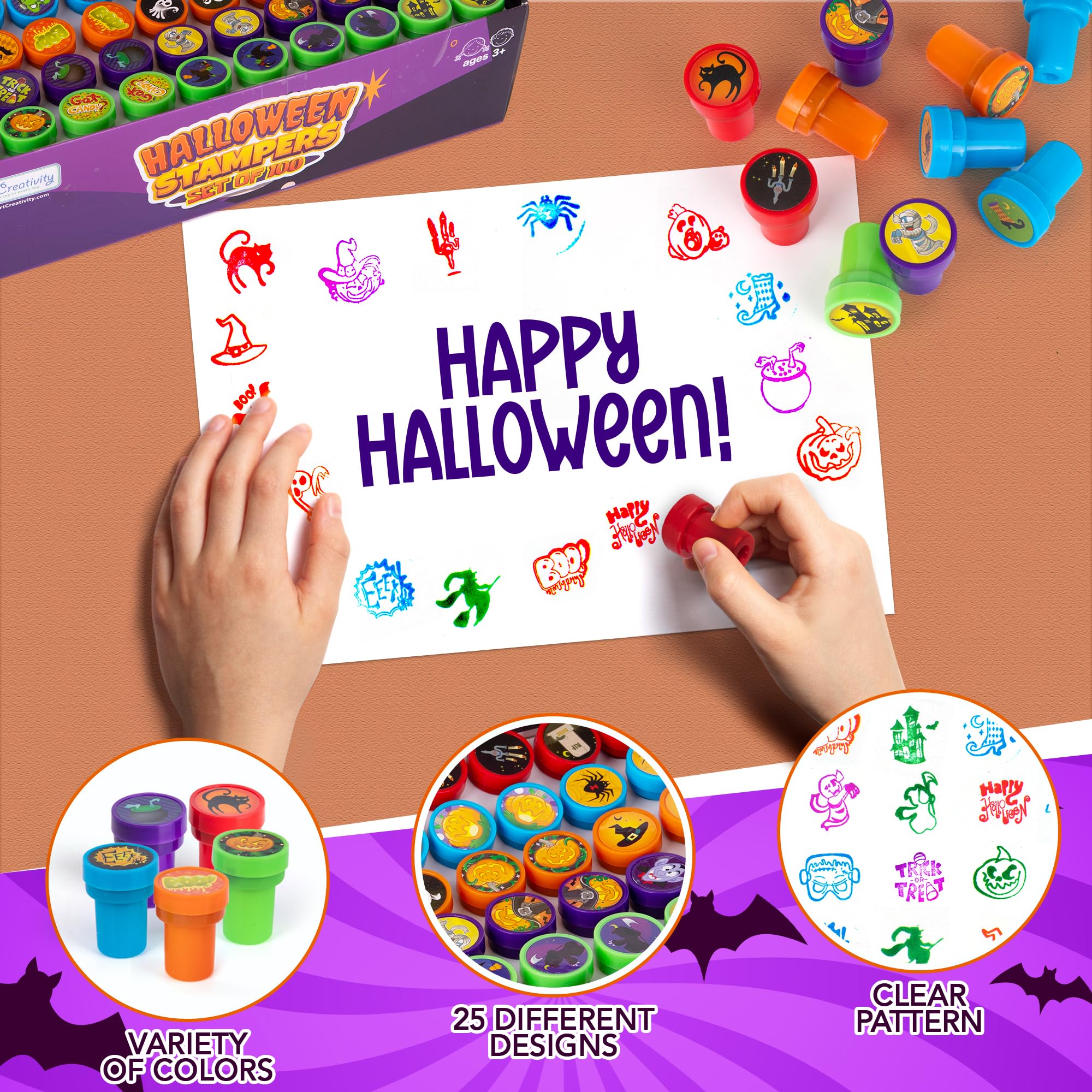 ArtCreativity Bulk Halloween Stampers for Kids - Set of 100 Halloween Stamps - Assorted Trick or Treat Stamper Designs for Halloween - Non-Candy Halloween Trinkets for Kids 3 4 5 6 7+