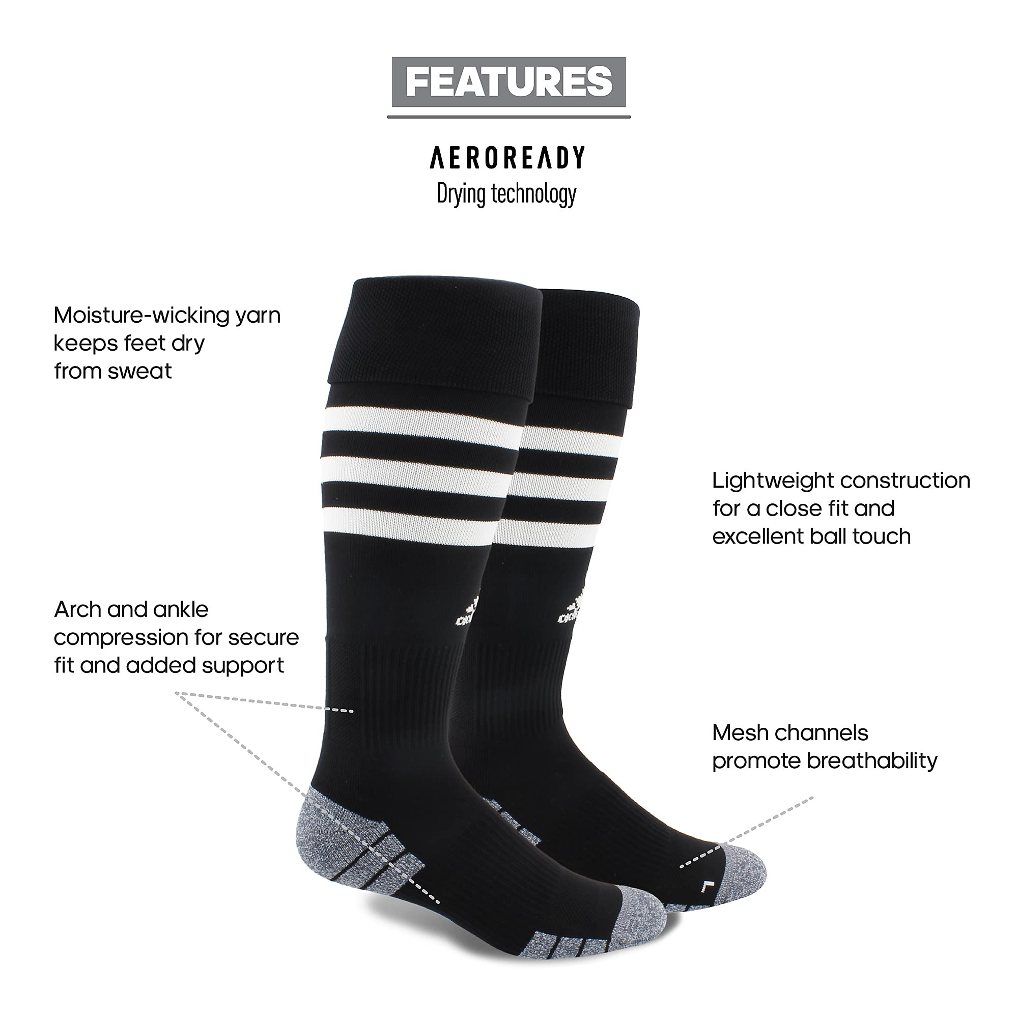 adidas 3-Stripe Hoop Soccer Socks (1-Pair) with Arch Compression for a Secure fit, Black/White, Large