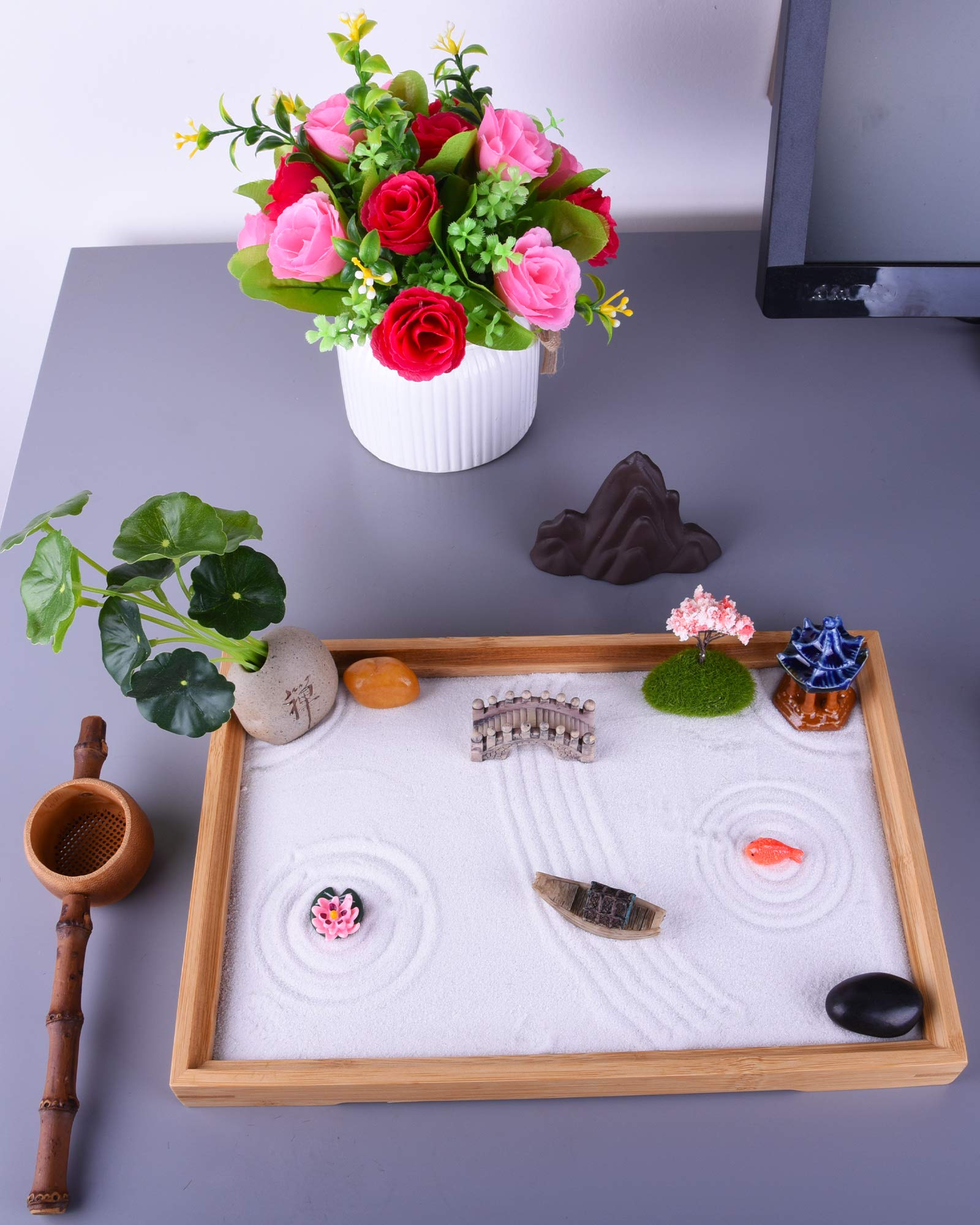 Japanese Zen Garden - Home & Office Desk Mini Garden with Rock Vase Fish Bridge Boat Cherry Trees - Meditation Gift Set for Relaxation - 3 Rake Tools and Zen Accessories (Rectangular)