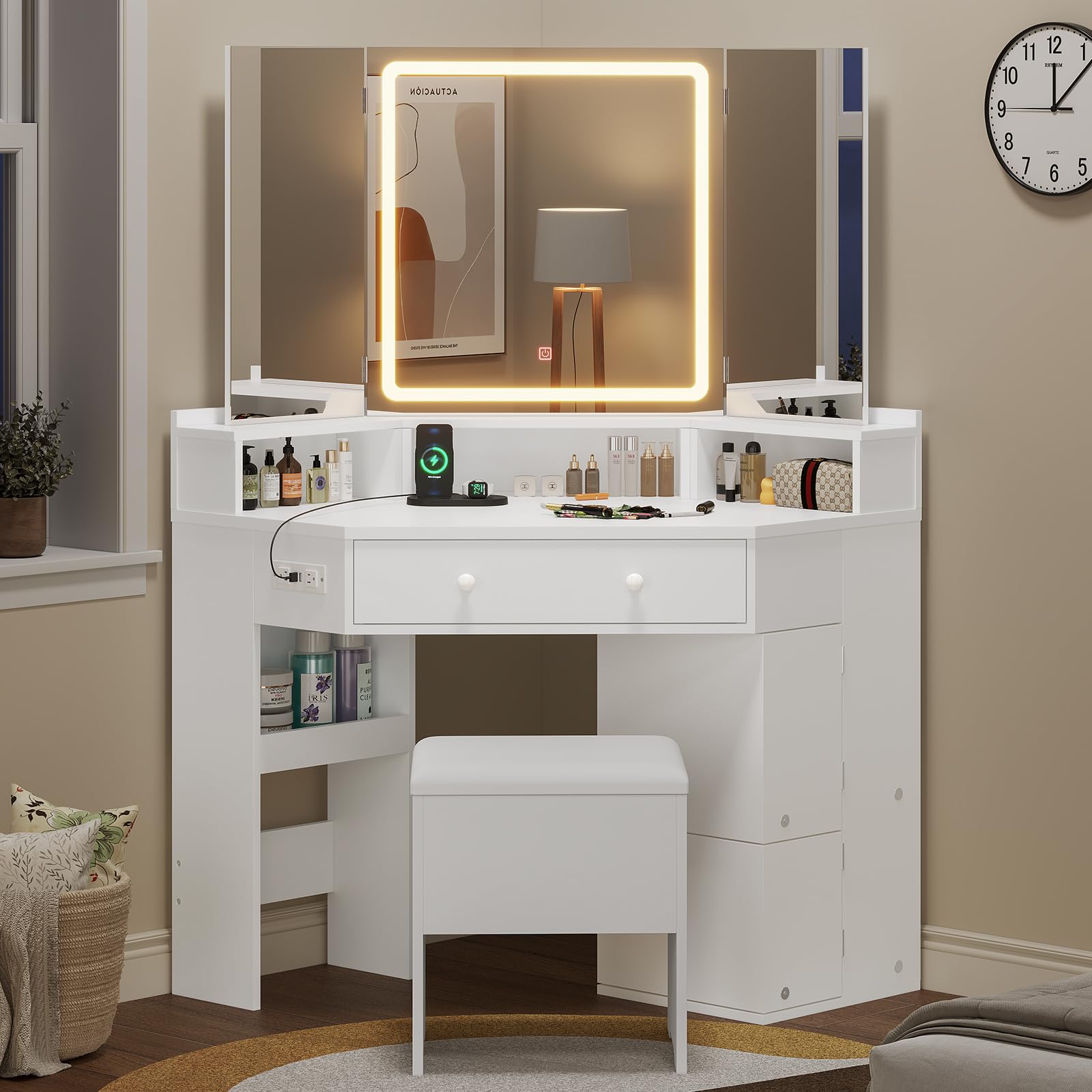 BTHFST Corner Vanity with Tri-Fold Mirror & Cushioned Storage Stool, Makeup Vanity with Charging Station, Vanity Desk with Mirror and Lights, Makeup Table with Drawers, Shelves, Black