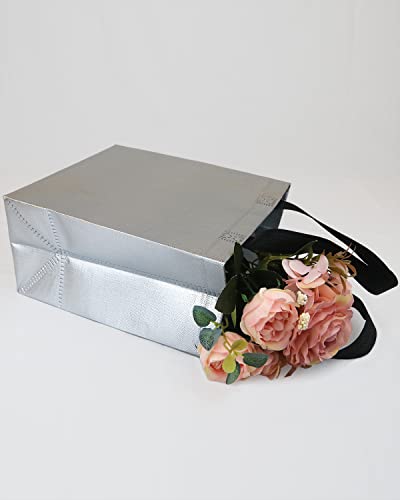 HUANN 6 Pcs Silver Gift Bags Medium Size Shine Reusable Gift Bags with Handles Metallic Glossy Non Woven Gift Bags for Wedding Christmas Party Birthday 8 x 5 x 10 Inch