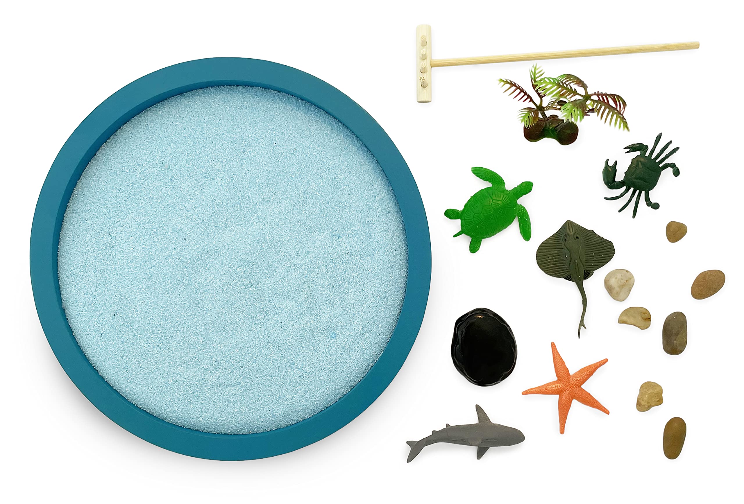 Japanese Zen Garden Mini Kit for Desk - Ocean Beach Theme - Relaxation, Meditation & Mindfulness - Gift for Birthdays, Christmas, Etc. - Includes Rake, Sand, 10+ Accessories! - Tray Diameter 8.5"