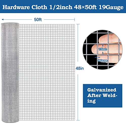 AMAGABELI GARDEN & HOME Hardware Cloth 1/2 inch 48inx50ft 19 Gauge Square Chicken Wire Galvanizing After Welding Fence Mesh Roll Raised Garden bed Plant Supports Poultry Netting Cage Snake Fence JW007
