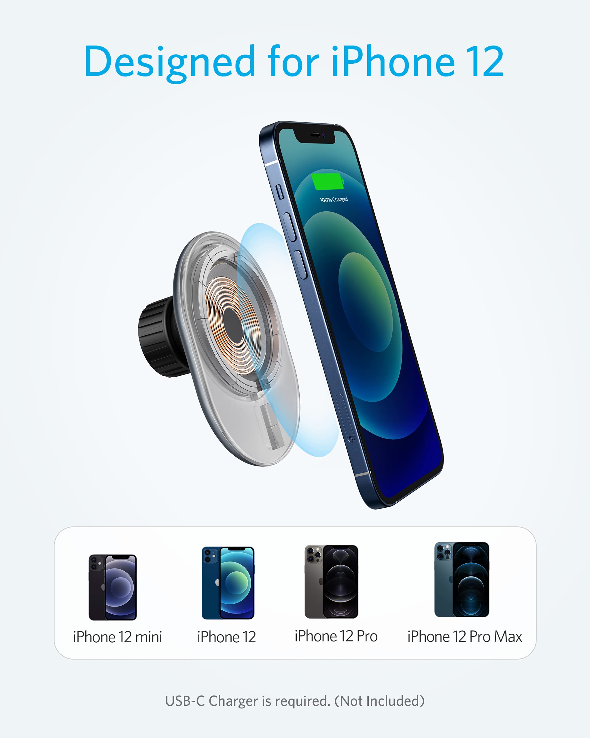 Anker Car Mount Charger, PowerWave Magnetic Car Charging Mount with 4 ft USB-C Cable, 7.5W for iPhone 13 / 13 Pro / 13 Pro Max / 13 mini / 12 / 12 Pro / 12 mini (USB-C Car Charger Not Included)