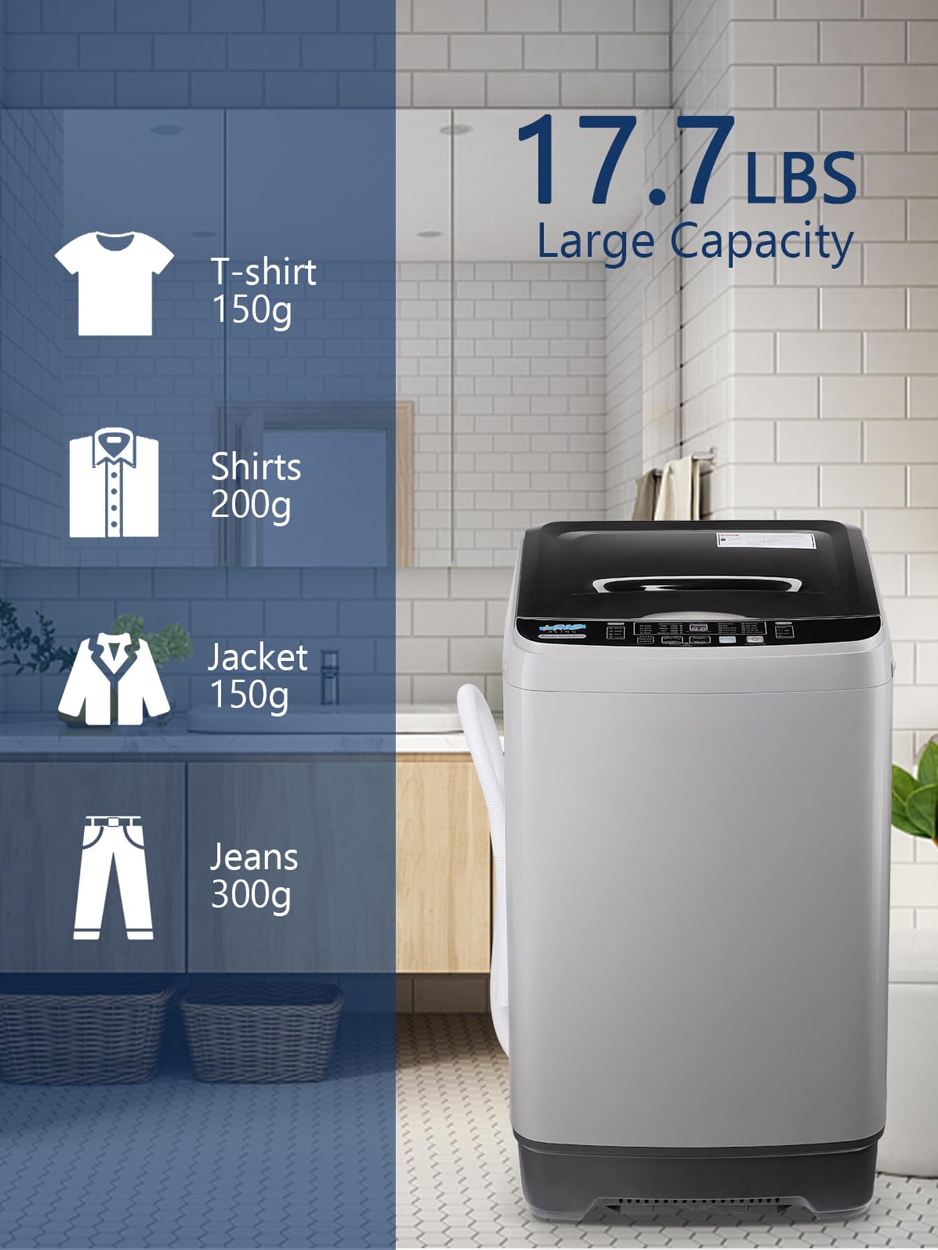 KRIB BLING Full-Automatic Washing Machine with LED Display, 17.7 lbs Portable Compact Laundry Washer with Drain Pump, 10 Wash Programs 8 Water Levels, Grey, XQB201A-GREY 177