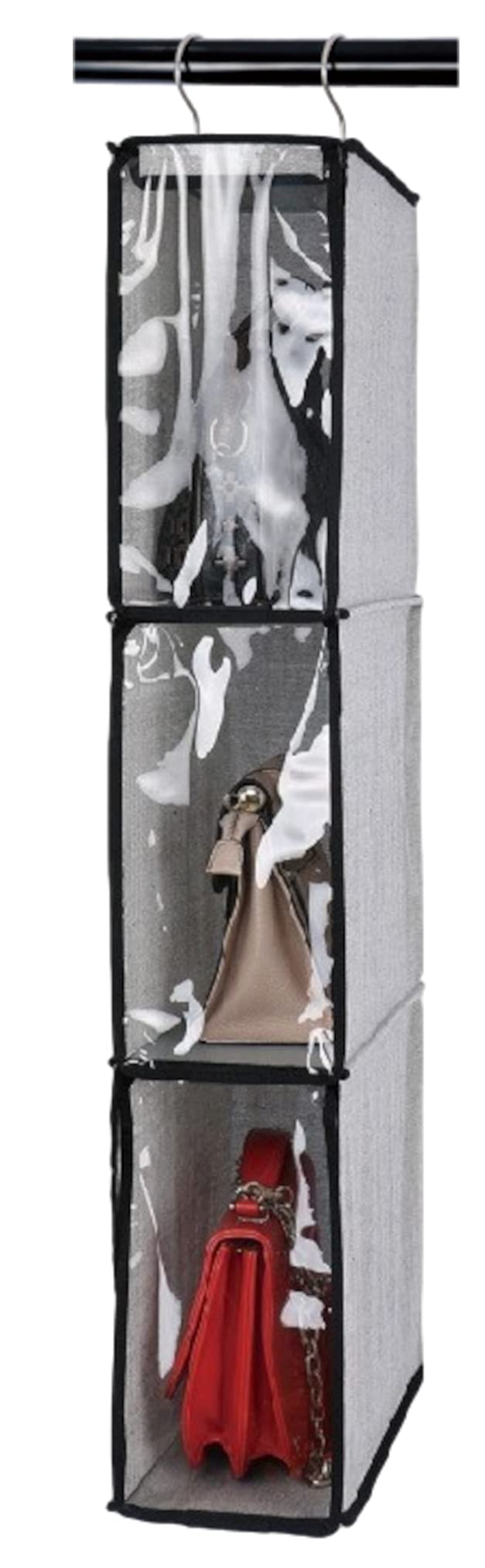 Japarismo Hanging Handbag Purse Closet Organizer Dust Shield Storage Systems Clothing Accessories Rack Dustproof Cover Shelves (Light Gray, 3 Shelves)