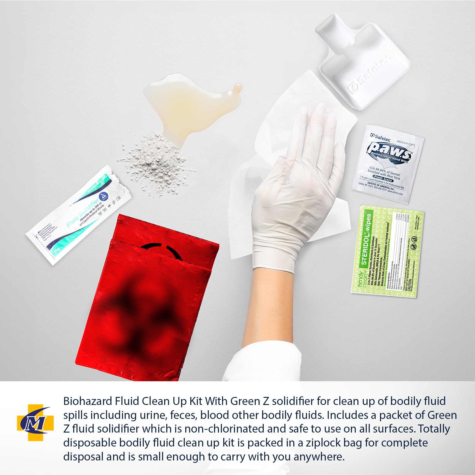 MFASCO Bloodborne Pathogens Spill Kit - Disposable Clean Up Kit, Safety for Bodily Fluids, Latex Free, First Aid, Non-Chlorinated Fluid Solidifier, Biohazard Bag, Vomit, Blood, Urine Solidifier