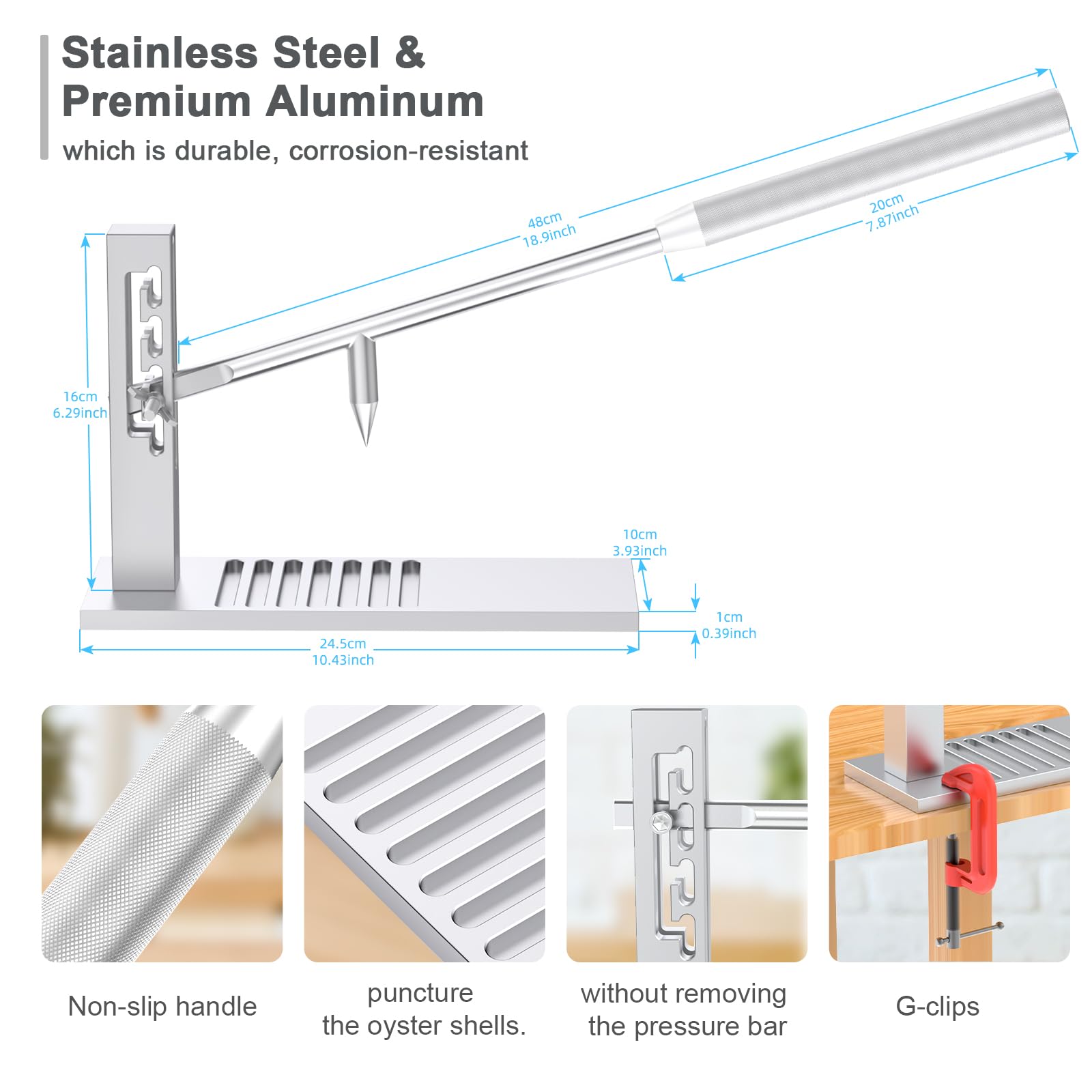 Buttwo Oyster Shucker, Stainless Steel Oyster Opener Tool Set Clam Machine with Oyster Shucking Knife Seafood Tools for Hotel and Family Buffet, Silver