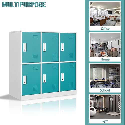 WTRAVEL Locker Steel Storage Cabinet, 2 Tiers 6 Doors Storage Locker for Gym School Office Metal Lockers for Employees with Keys (2 Tiers / 6 Doors Sky-Blue)