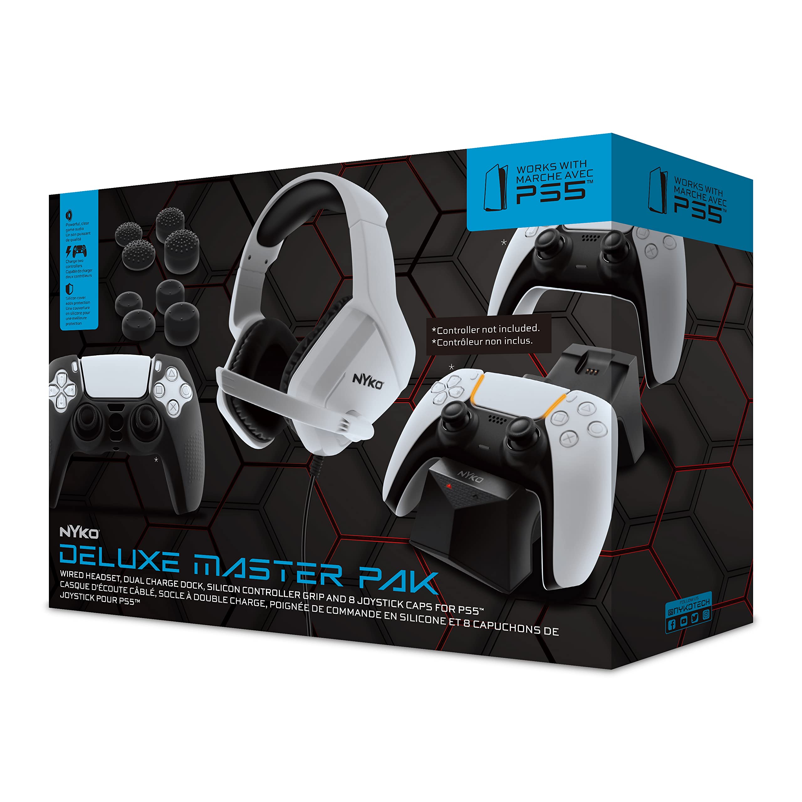 Deluxe Master Pak for PlayStation®5 | Dual Controller Charge Base | High Quality Wired Ergonomic Headset Designed for Over Ears | Silicone Grip Controller Cover and 8 Thumb stick Caps