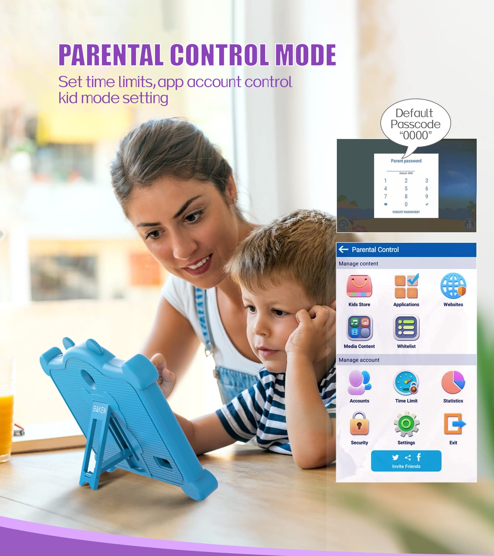 BAKEN Kids Tablet 7 Inch, Android 11 Tablets, Children Tablet with 2GB RAM 32GB ROM, WiFi, Bluetooth, Dual Camera, Educational, Games, Parental Control, Shockproof Case(Blue)