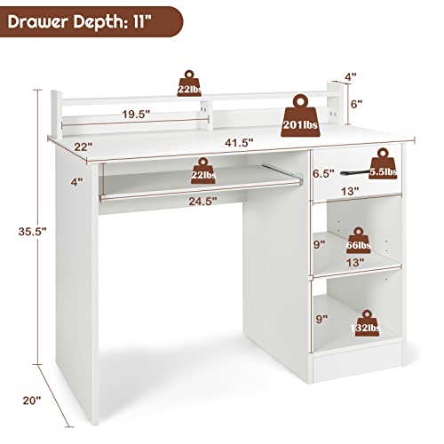 COSTWAY Computer Desk with Hutch, Home Office Desk with Drawer, Adjustable Shelf & Keyboard Tray, Study Writing Desk, Executive Workstation for Living Room, Bedroom & Study (White)