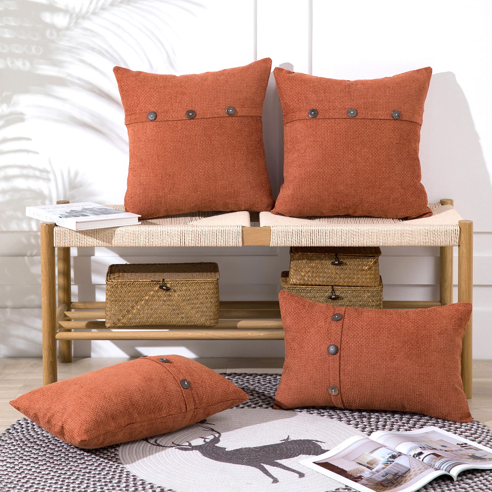 Anickal Burnt Orange Pillow Covers 18x18 Inch with Triple Buttons Set of 2 Chenille Rustic Farmhouse Decorative Throw Pillow Covers Square Cushion Case for Home Sofa Couch Decoration