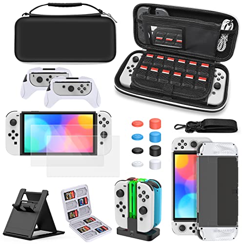 Accessories Bundle for Nintendo Switch OLED Model, MENEEA Carrying Case & Screen Protector, Clear Cover Protector, Grips & Charger Dock for Joycons, Steering Wheels, Console Stand & Game Card Case