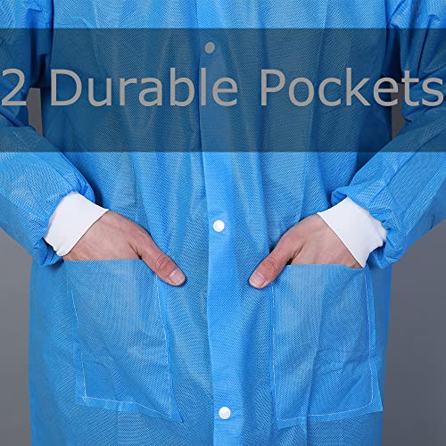Greenour Disposable Lab Coat Blue Pack of 10 SMS with Pockets for Adult Knitted Collar and Cuffs Breathable Fluid Resistant(X-Large